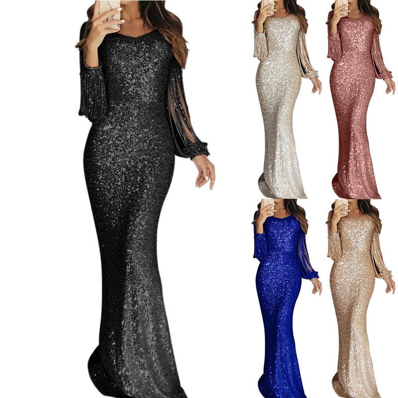 Gaun Malam Balut Koktel, Elegan dan Berkilat, Gaya Bodycon, Lengan ...