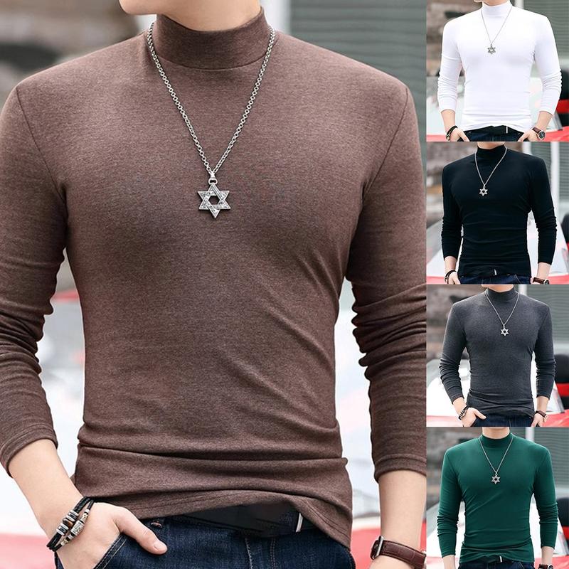 Kemeja-T Hangat Turtleneck Separuh Lelaki, Pullover Polos, Lengan ...