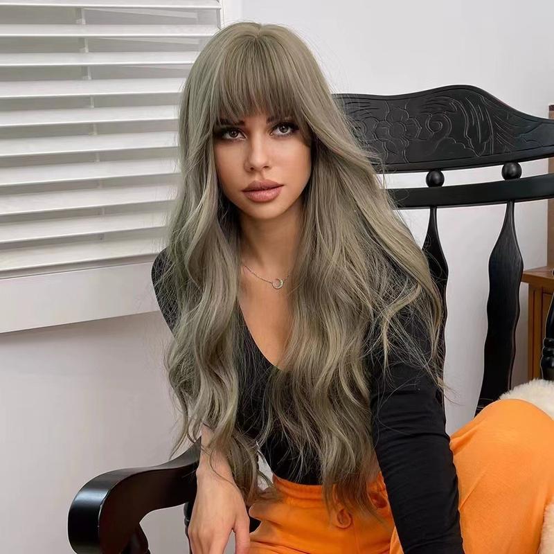 Long hair wig for woman full head cosplay wig Green Wood Linen Gray ...