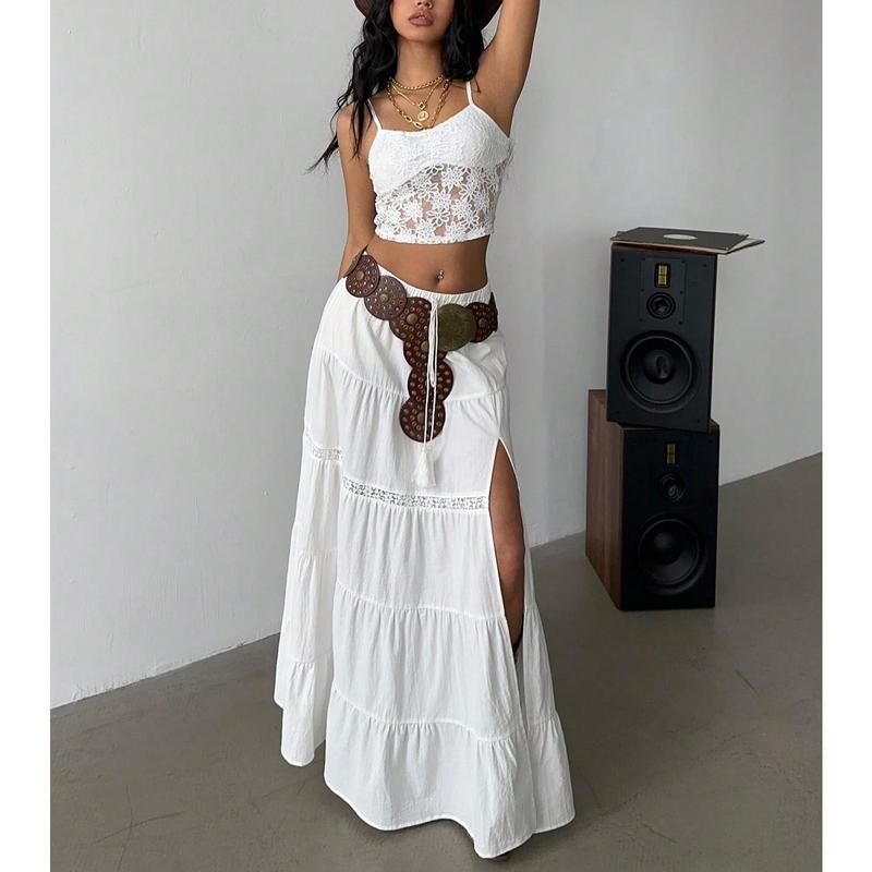 Boho Beach Skirts For Women - High-Slit Linen-Blend Tiered Maxi ...