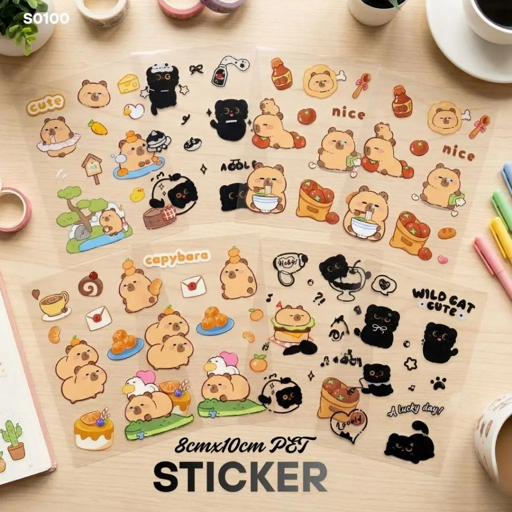 S0100 สติกเกอร์ PET กันน้ำ 8*10ซม. คาปิบาร่า แมวดำ ตกแต่งเคสมือถือ แพลน ...