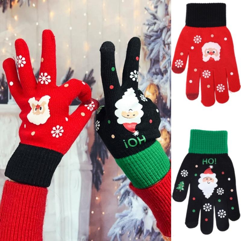 1pair Christmas Pattern Touch Screen Knitted Gloves Santa Claus ...