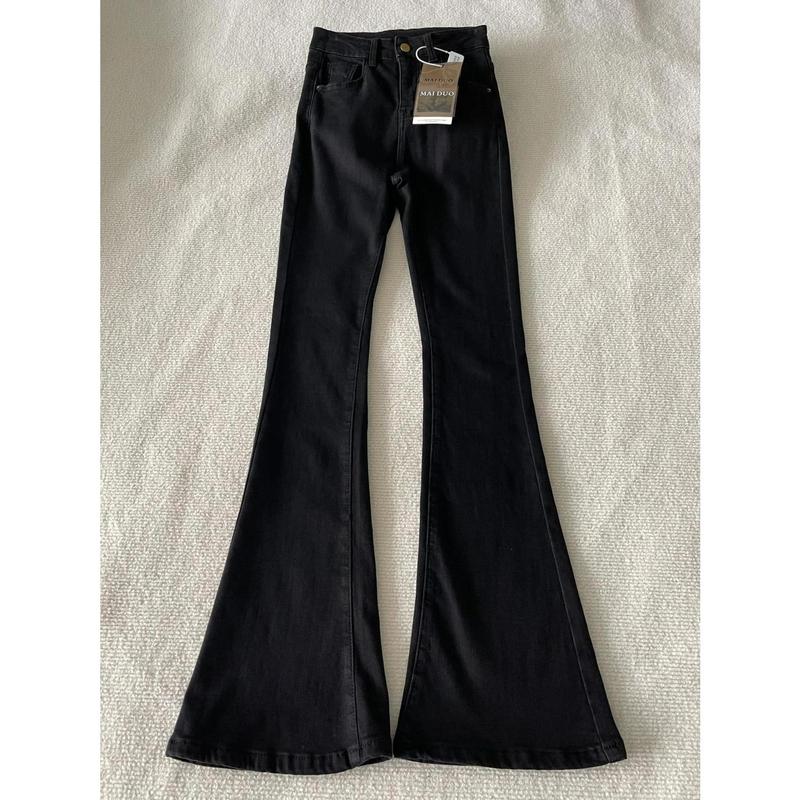 Seluar Jeans Berkobar Hitam Gaya Amerika, Untuk Wanita, Pinggang Tinggi ...