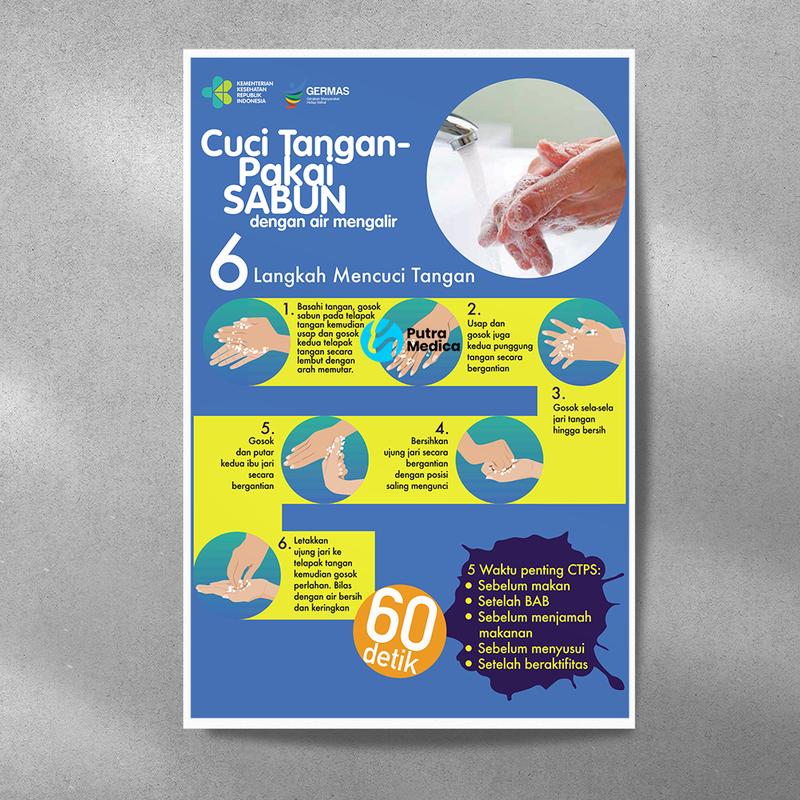 Poster Kesehatan 6 Langkah Cuci Tangan Pakai Sabun A3+ / Gambar - Shop ...