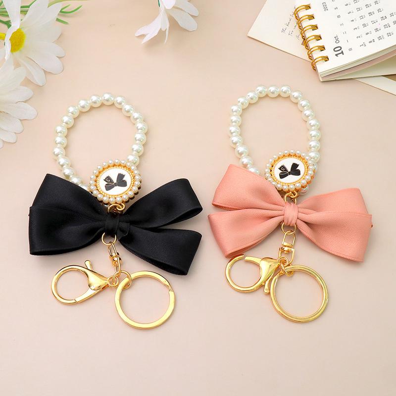 Cute Large Bow Charms Keychains with Imitation Pearl Bead Wristlet for ...
