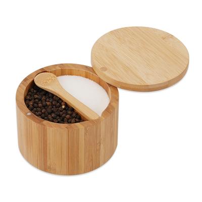 Round Wooden Salt Storage Jar with Spoon & Lid & Non Slip Base, 1 Piece ...
