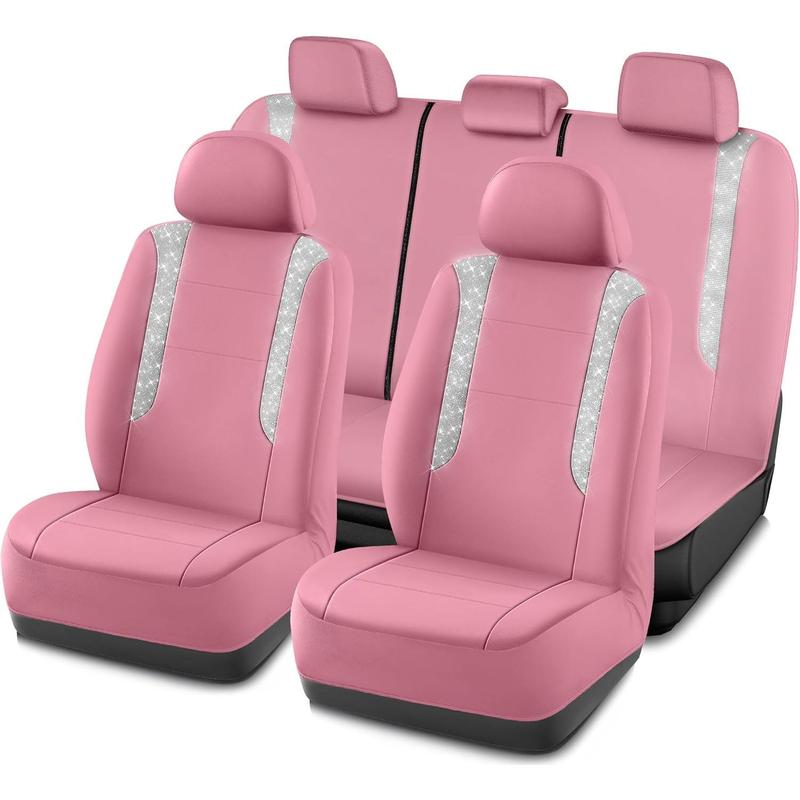 TikTok Shop Car seat cover sparkly crystal bling glitter with pink leather full set waterproof automotive seat covers for girls women airbag compatible universal fit for cars SUVs truck