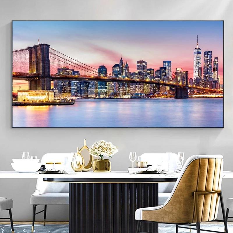 Lukisan Kanvas, Pemandangan Bandar New York Jambatan Brooklyn Pandangan ...