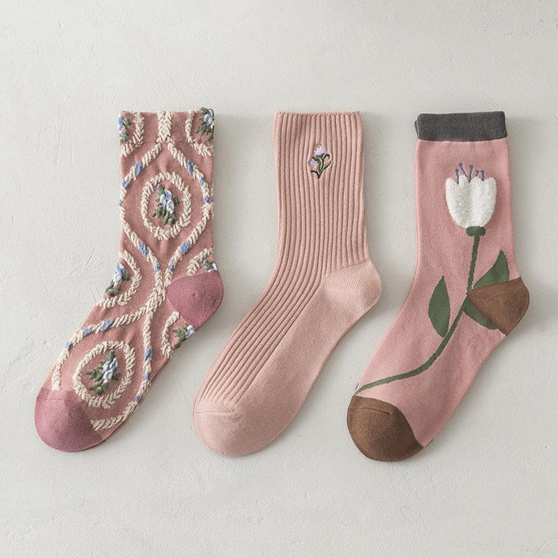 Japanese Kawaii Cute Long Pink Socks Embroidery Flower Harajuku ...