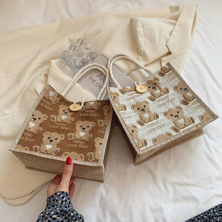 Beg Tote Linen, Rekaan Beruang, Untuk Wanita, Beg Tangan Luaran ...