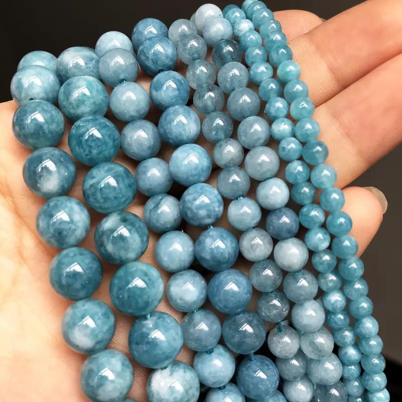 Manik Jed Chalcedony Biru Tua, Batu Alamiah, Bulat, Manik Pengatur ...