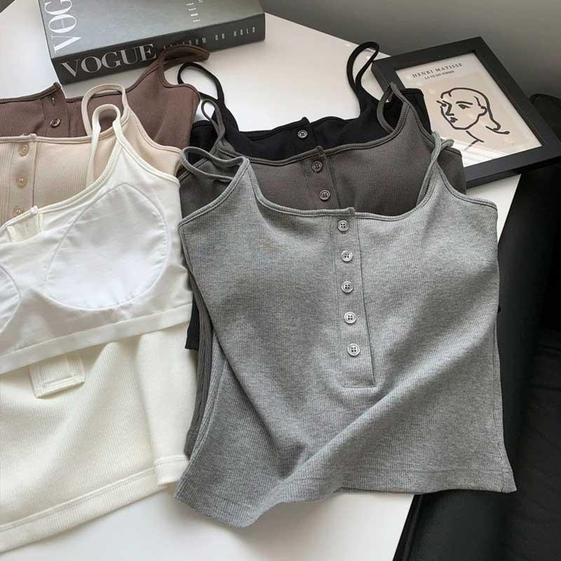 Korean Summer Button Tank Top Fashion Women Padded Top Sleeveless ...