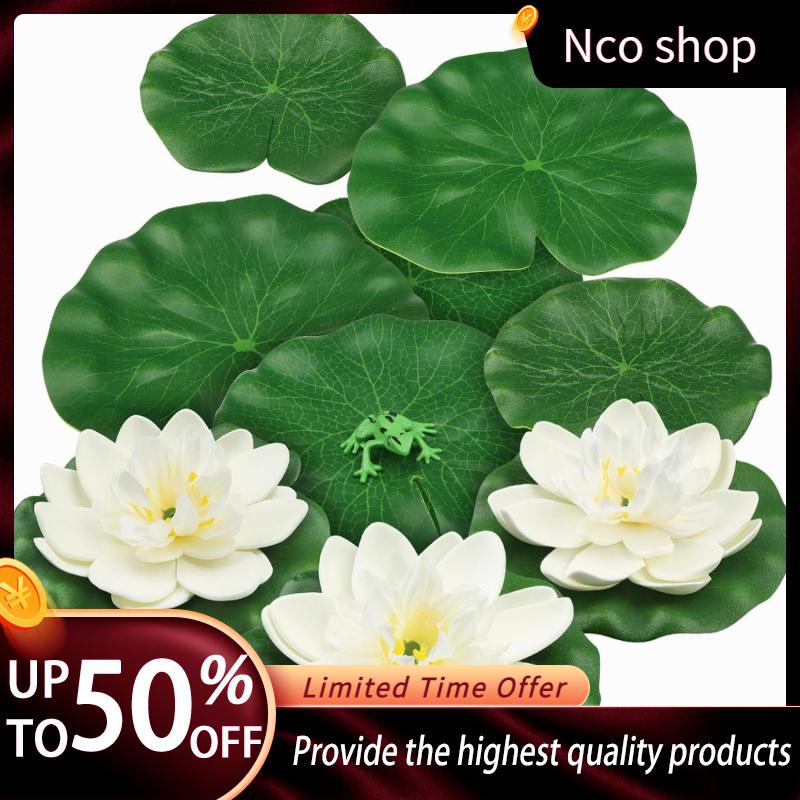 10pcs Artificial Floating Foam Lotus Flowers with Artificial Frog Lotus Leaves, Lily Pads for ...