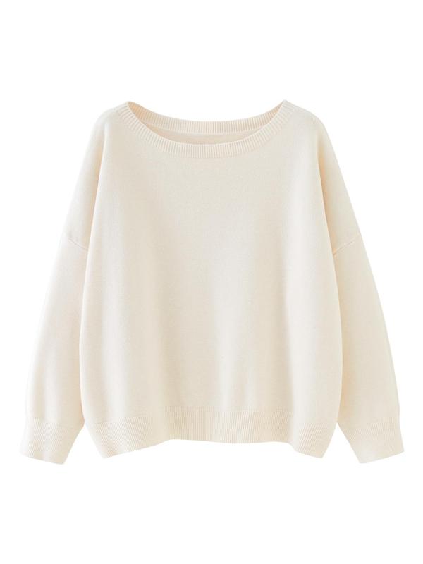 Women's Plain Scoop Neck Sweater, Casual Chic Drop Shoulder Long ...