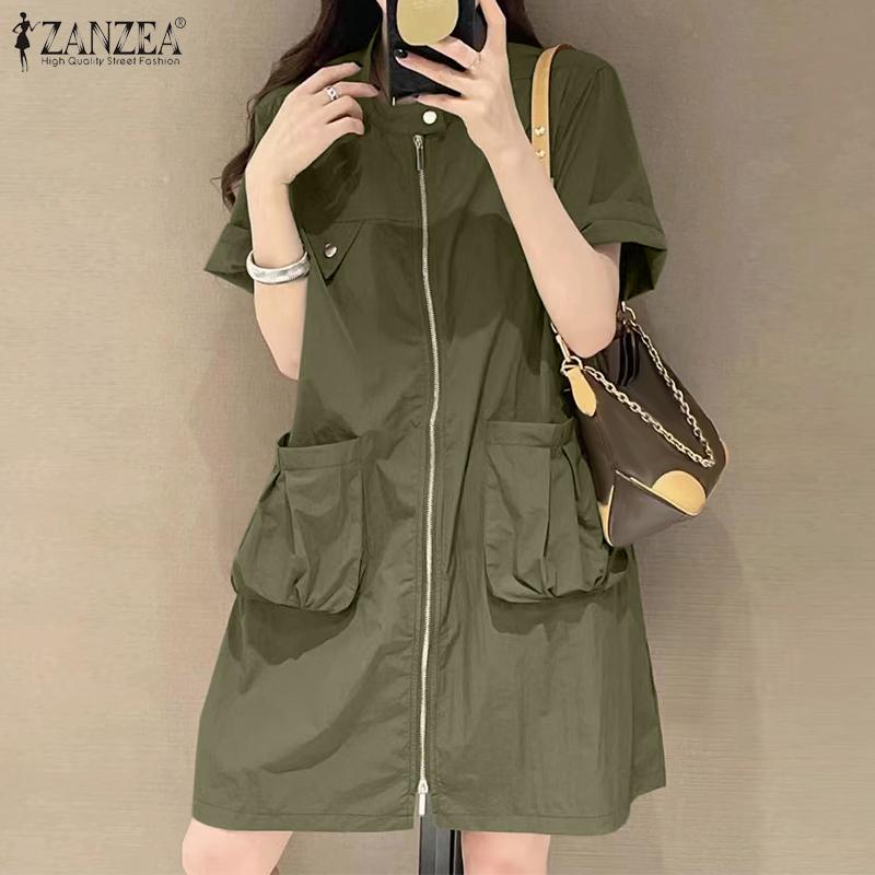 ZANZEA * Korean Style Women's Dress Short Sleeve Zip Up Sundress ...