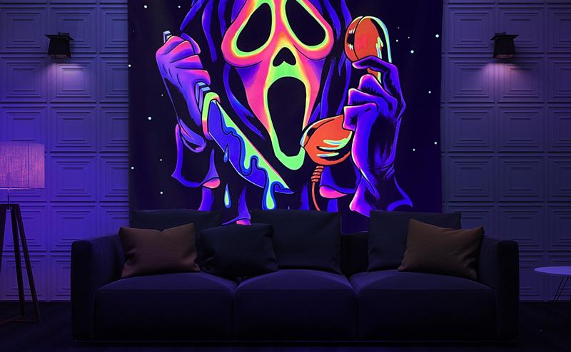 Blacklight Horror Skull Tapestry Under UV/Blacklight