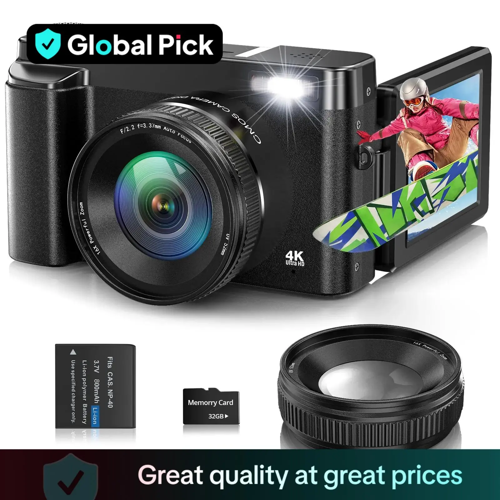 1080P Auto Focus Digital Camera, with 32GMemory Card, Compact Portable ...