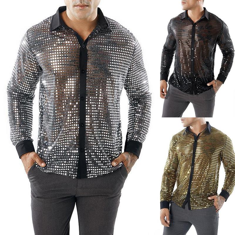 Mens Sparkly Sequins Party Dance Shirts Retro 70s Disco Nightclub ...