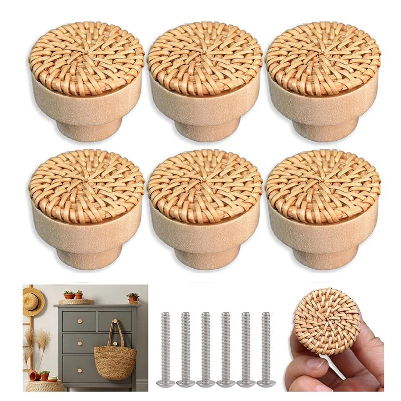 6 Pack Boho Rattan Drawer Knobs, Round Wood Drawer Knobs Handmade ...