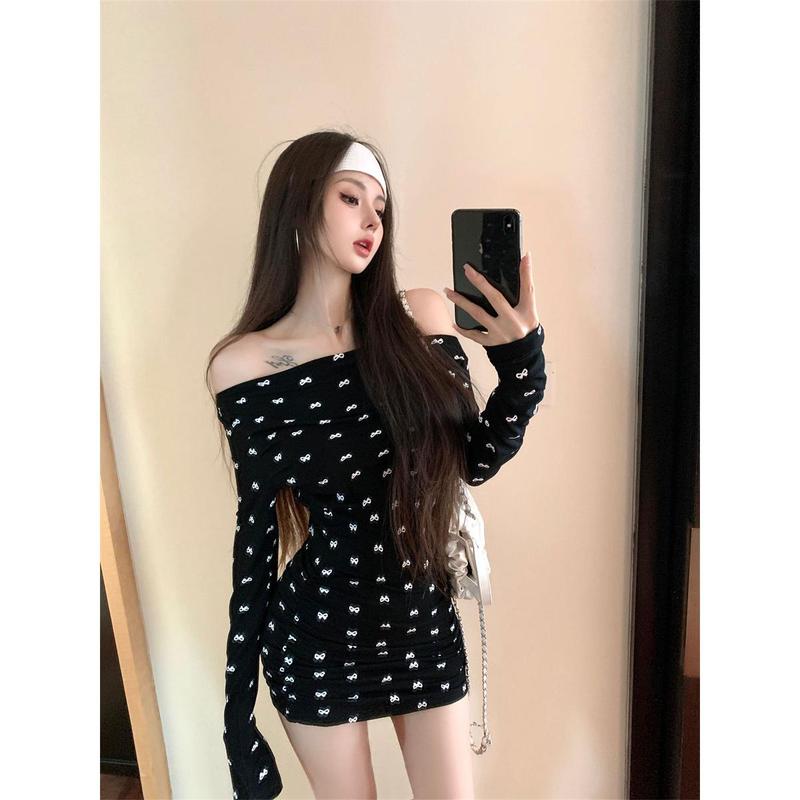 Gaun Luar Bahu, Gaya Comel dan Seksi, untuk Wanita, Lengan Panjang ...