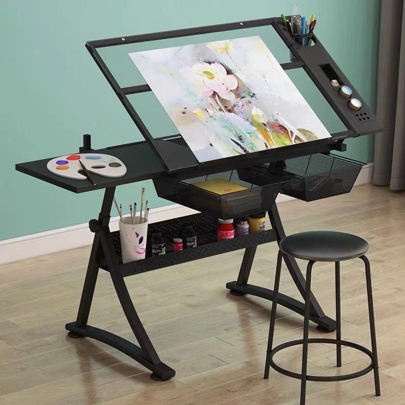 [With Light]Drafting glass table with extra side table drawers - TikTok ...