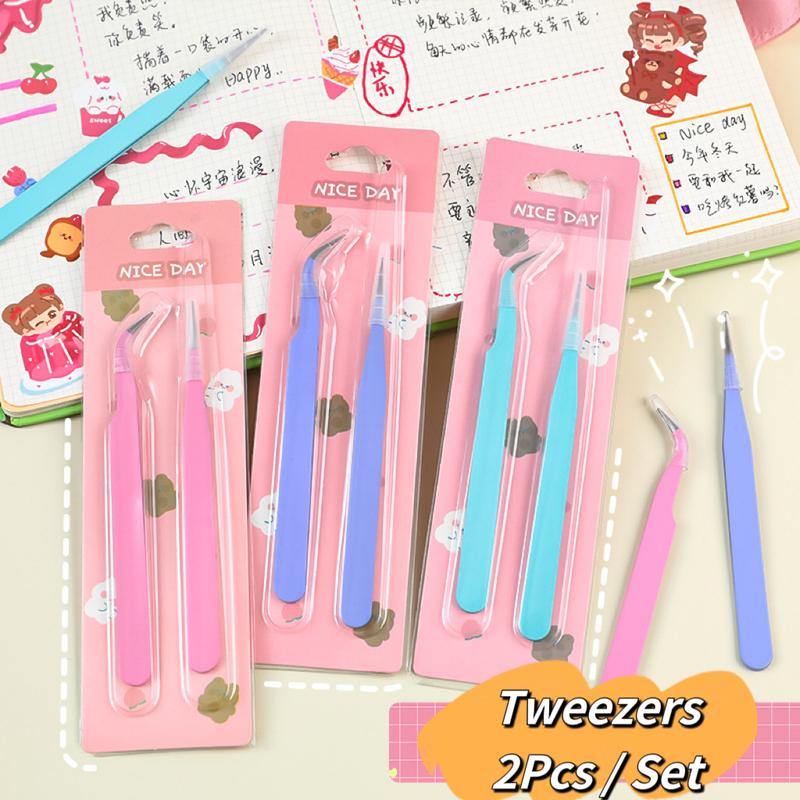 2 Pcs / set Colored Tweezers Straight and Bended Tweezers Stainless ...