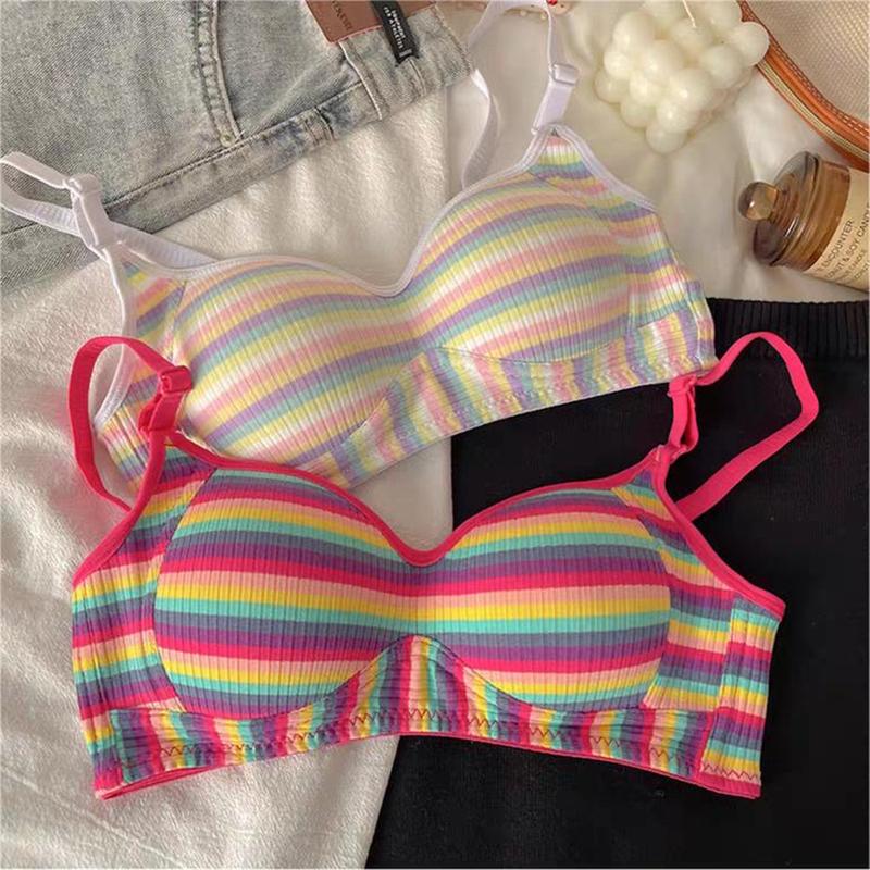 Colorful Stripes Bras No Steel Ring Wireless Bralettes Thin Cup ...