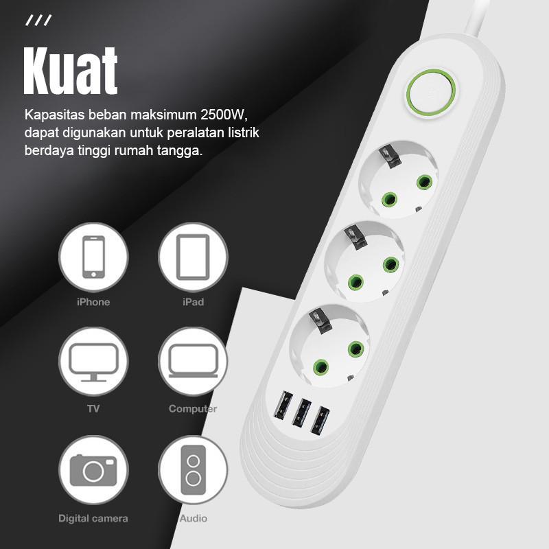 2500W 2 Meter Power Socket Charger Stop Kontak 3+3 USB Soket Listrik ...