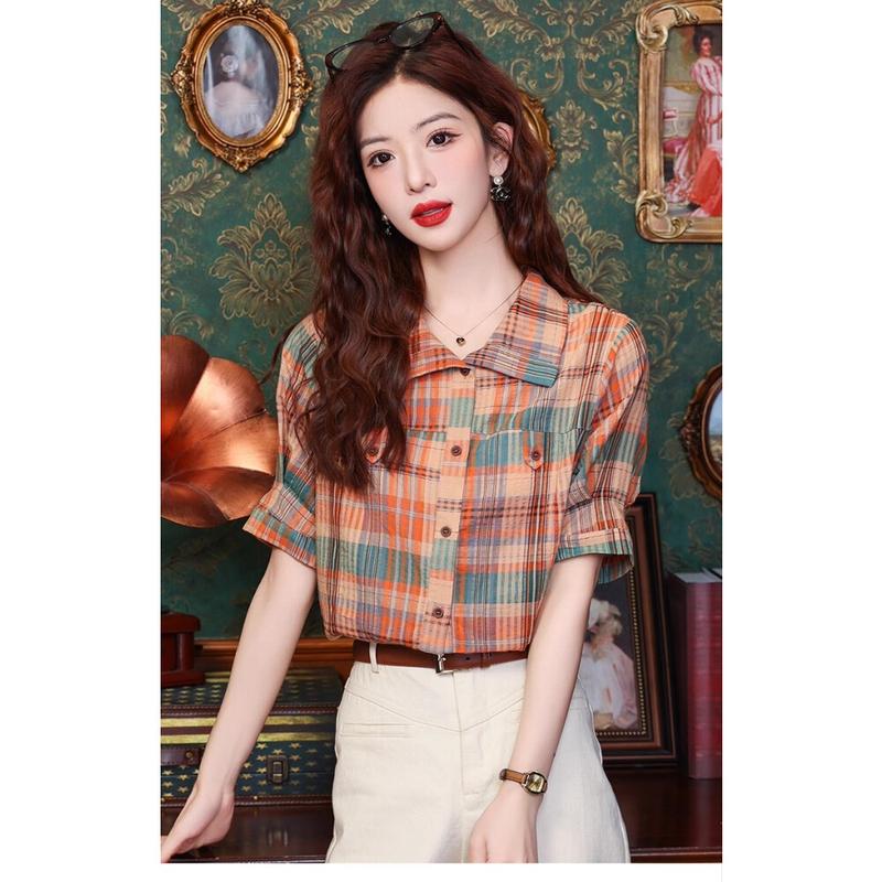 FADFAD Kemeja kerah polo bermotif kotak-kotak unik lengan pendek - Shop ...