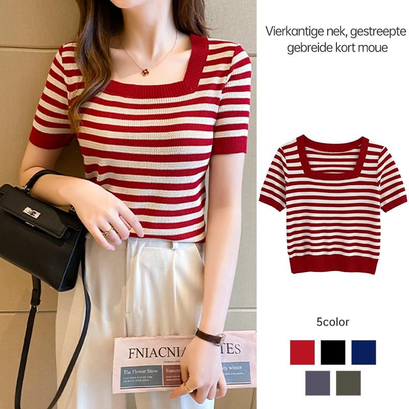 【Tildeer】 Summer Square Neck Striped Knit Shirt Unique Temperament ...