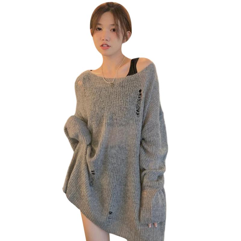 Women Fluffy Off-shoulder Sweater Solid Color Loose Ripped Long ...