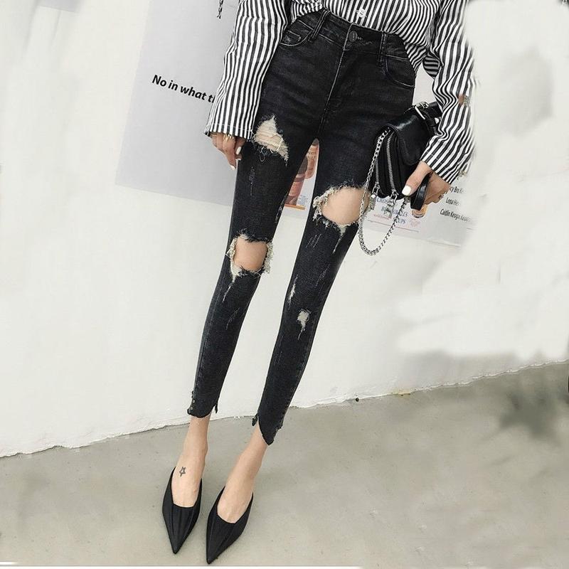 Seluar Jeans Koyak Pinggang Tinggi, Hitam, Untuk Wanita, Slim Fit ...