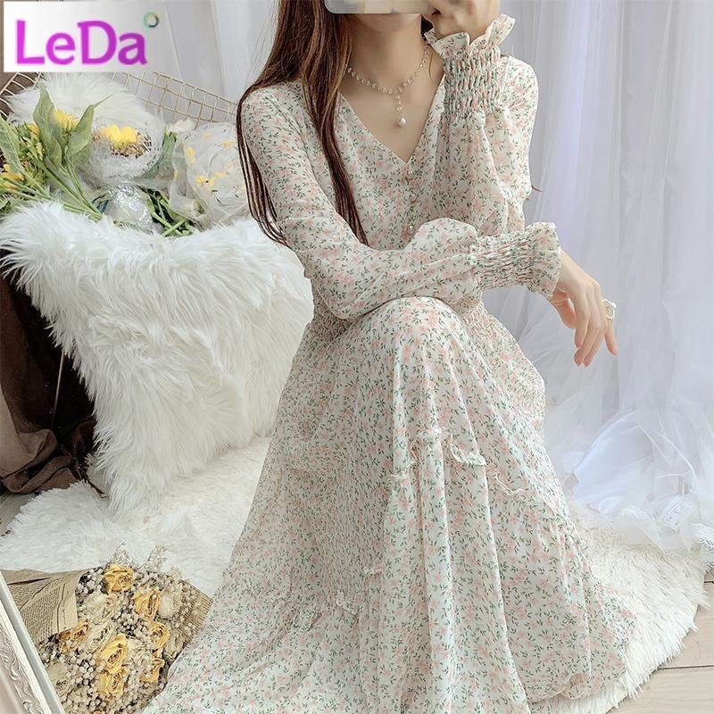 Gaun Lengan Panjang Bunga, untuk Wanita, dengan Cetakan Sifon, - TikTok ...