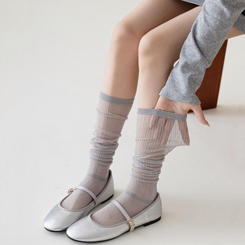 Elastic Lolita JK Calf Mesh Socks Solid Color Bunching Socks Calf Long ...