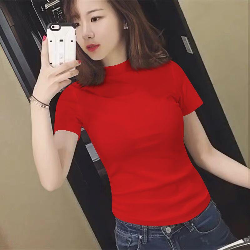 Kemeja-T Lengan Pendek Turtleneck Separuh Merah, Untuk Wanita, - TikTok ...