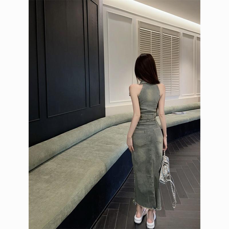Skirt Denim Retro, Gaya Amerika, Niche, Unik, Halter Pedas, Pinggang ...