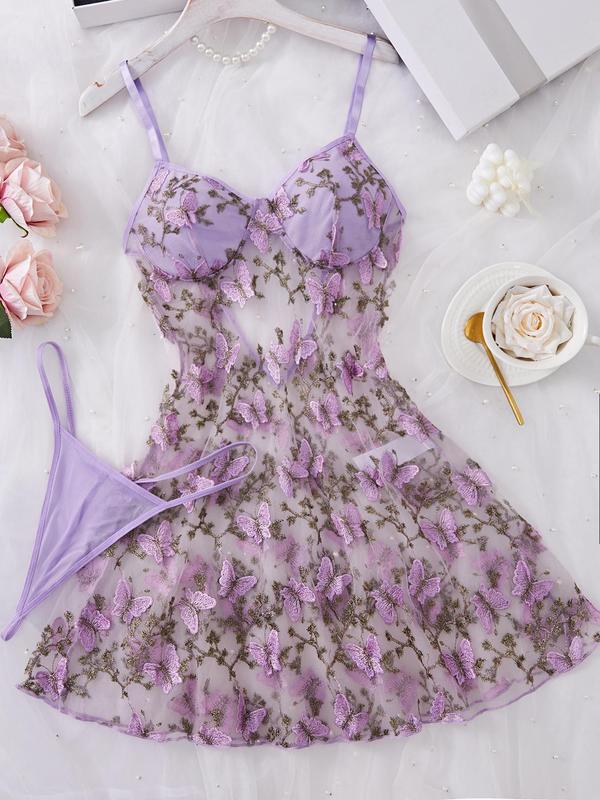 Women's Butterfly Embroidery Cami Nightdress & Thong Sexy Lingerie Set ...