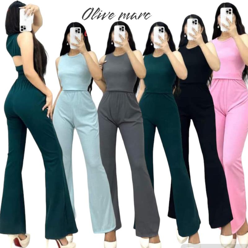(OLIVE MARC)CASUAL PLAIN TERNO CROP TOP AND FLARE PANTS KNITTED ...