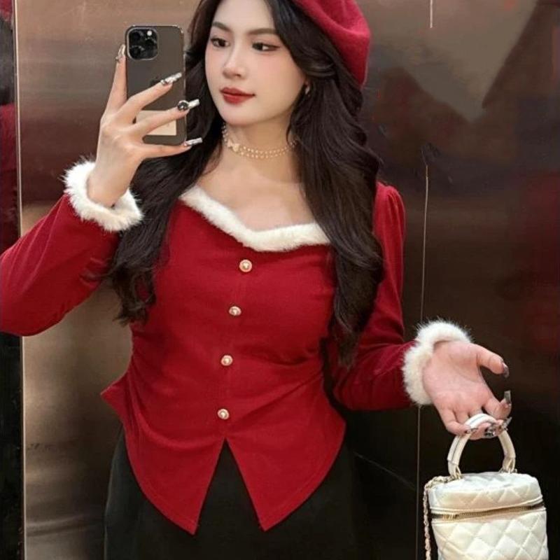Kemeja Lapisan Asas Krismas, Gaya Perancis, Kolar Persegi Merah ...
