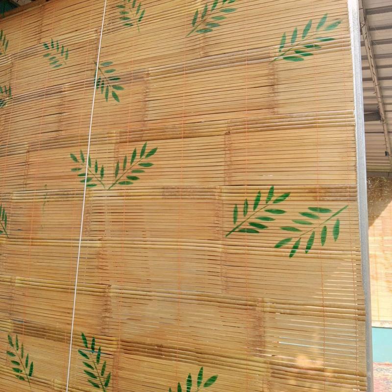 tirai bambo motip bunga hijau latar kuning ukuran lebar 150c - Shop ...