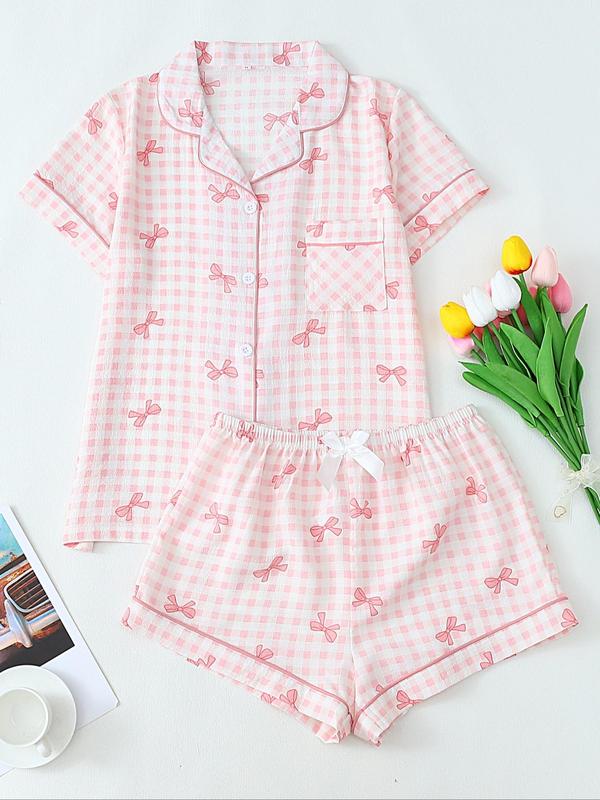 Women's Bow Print Top & Shorts Pyjama Two-piece Set, Casual Comfy ...