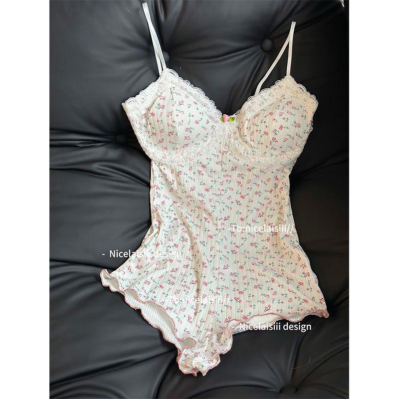 OOTD 2024 New Summer French Floral Pajamas Women's Sling V-neck ...