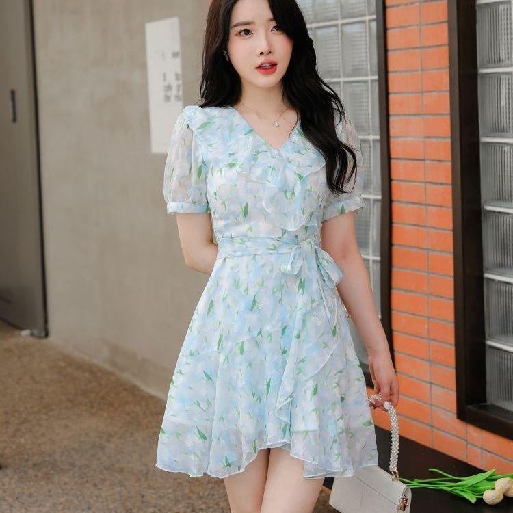 2024 New Ruffled Chiffon Floral Small Size Dress Irregular High ...
