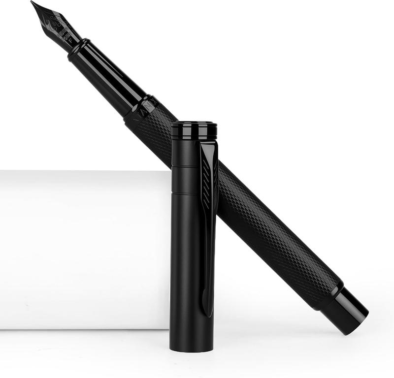 Fountain Pen with Fine Nib - Modern Black Metal Design with Intricate ...