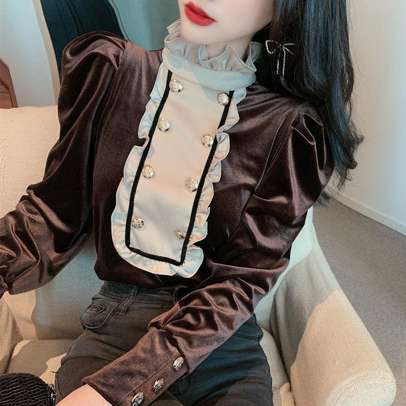 Kemeja baldu untuk wanita, Gaya istana retro baharu, warna kontras ...