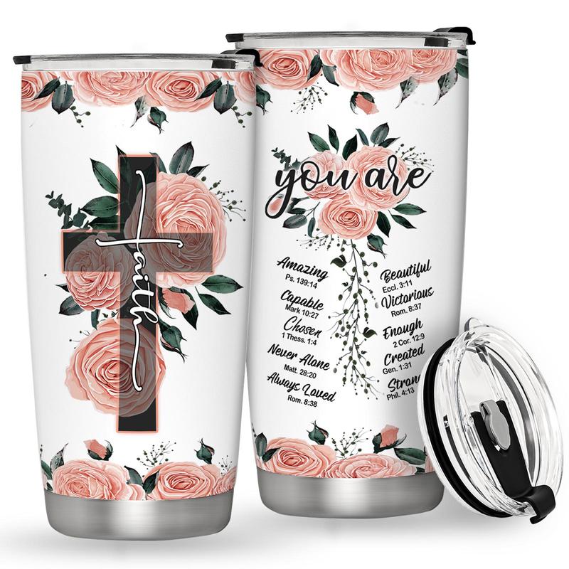 Floral & Cross Pattern Tumbler with Lid, 1 Count 20oz Faith Cross ...