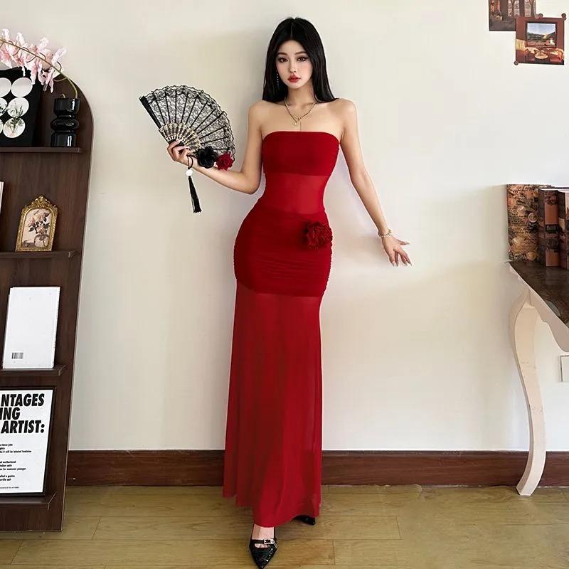Gaun Merah, Atas Tiub Perspektif Seksi, Gaun Panjang Bodycon, Gaun ...