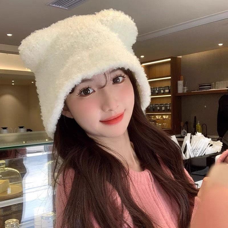 Topi rajutan Kawaii Y2K dengan telinga kucing untuk wanita, topi ...