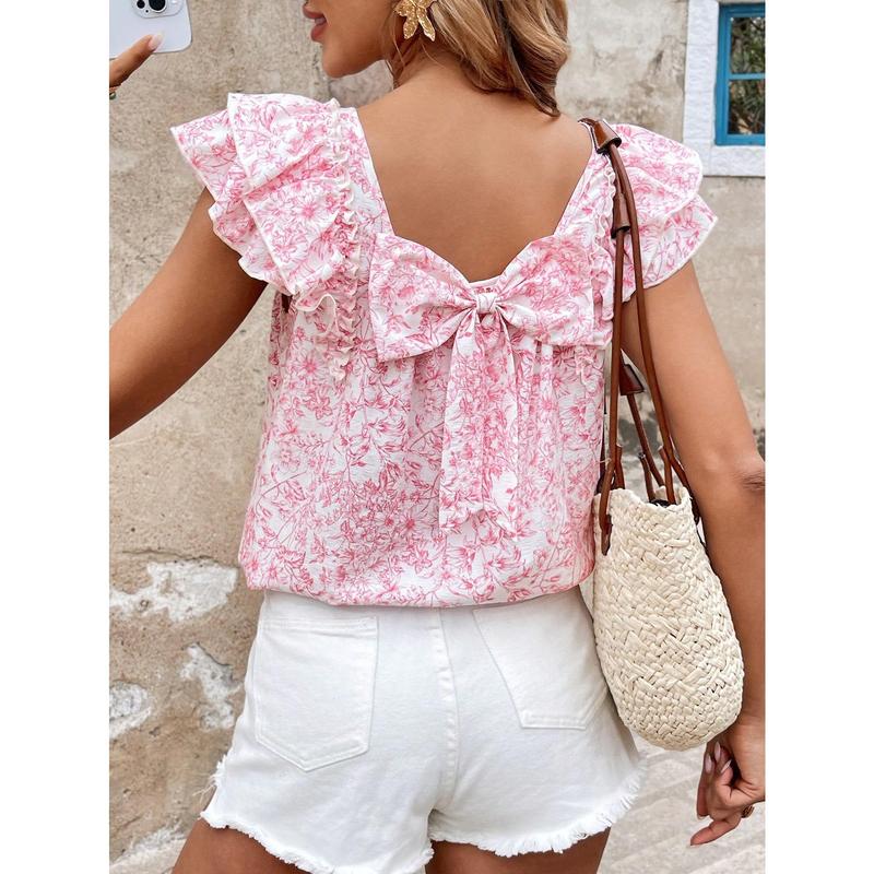 Women's Ditsy Floral Bow Back Shirt – Ruffled Short Cap Sleeve - TikTok ...