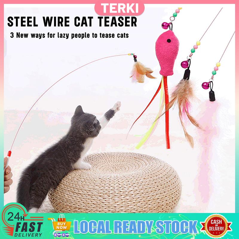 Cat Teasing Stick Steel Wire Fish Chicken Feathers Wooden Pole - TikTok ...